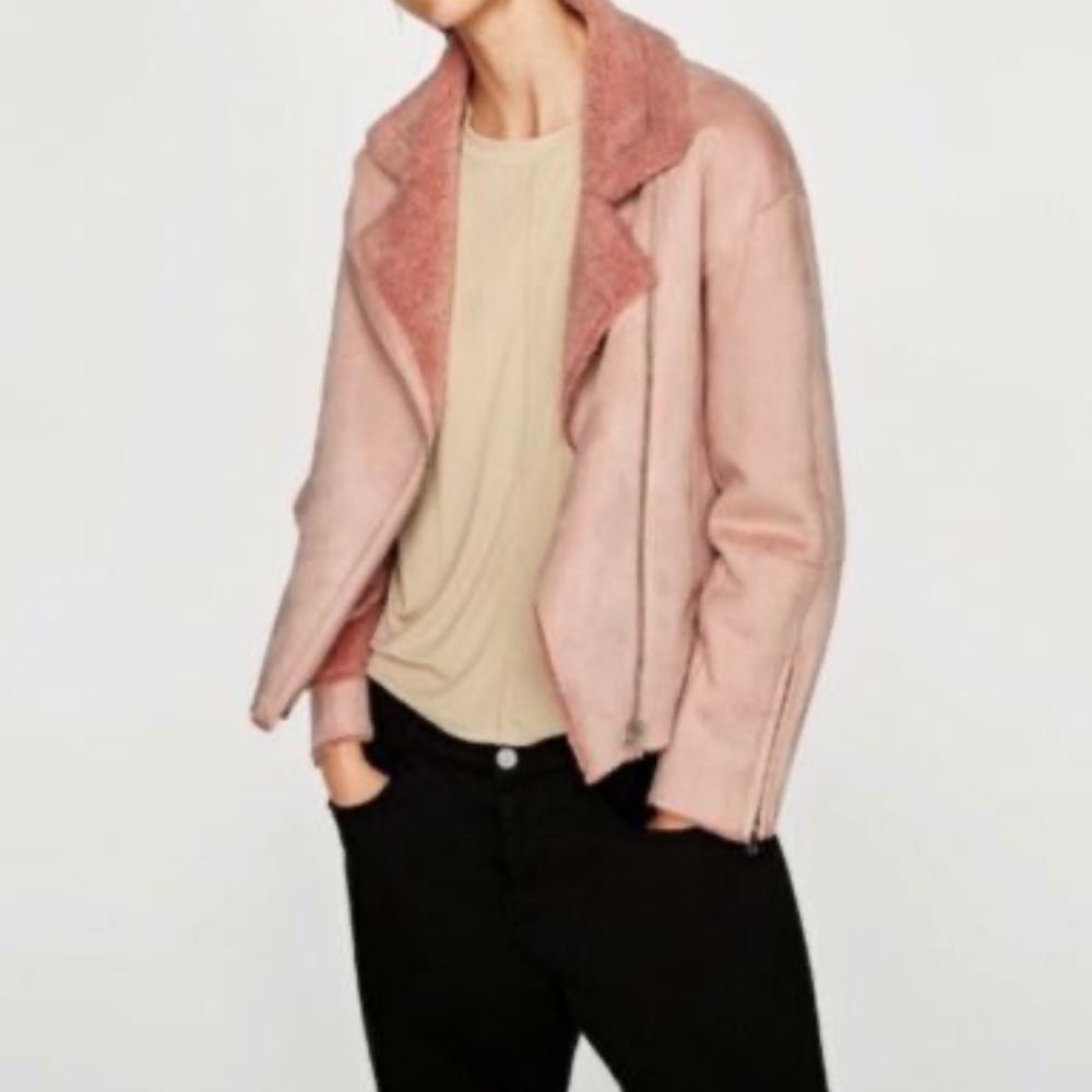 Zara Blush Pink Shearling Suede Moto Jacket - Gem